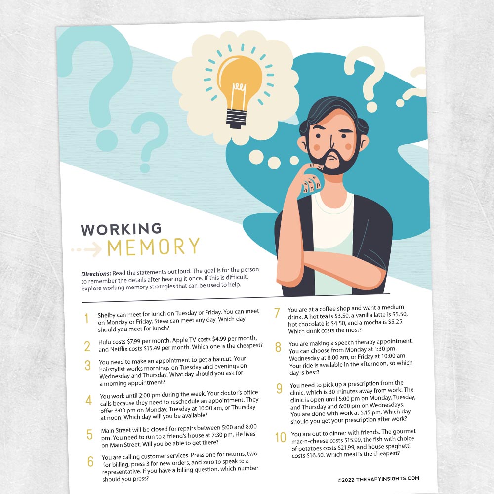 Working Memory Practice Adult And Pediatric Printable Resources For