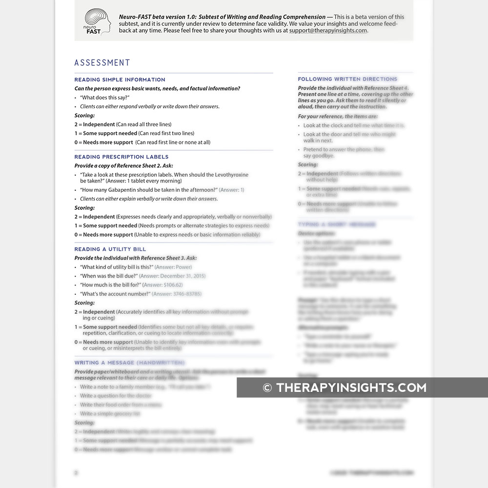Neuro-FAST (Neurological Functional Assessment Subtests for Therapists ...